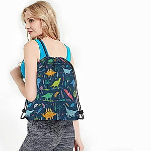 Beabes Dinosaur Drawstring Backpack Bag - Cute Cartoon Animal Funny Cool Colorful Dino Tropical Palm Leaf Sport Gym Sack Drawstring Bag for Men Women