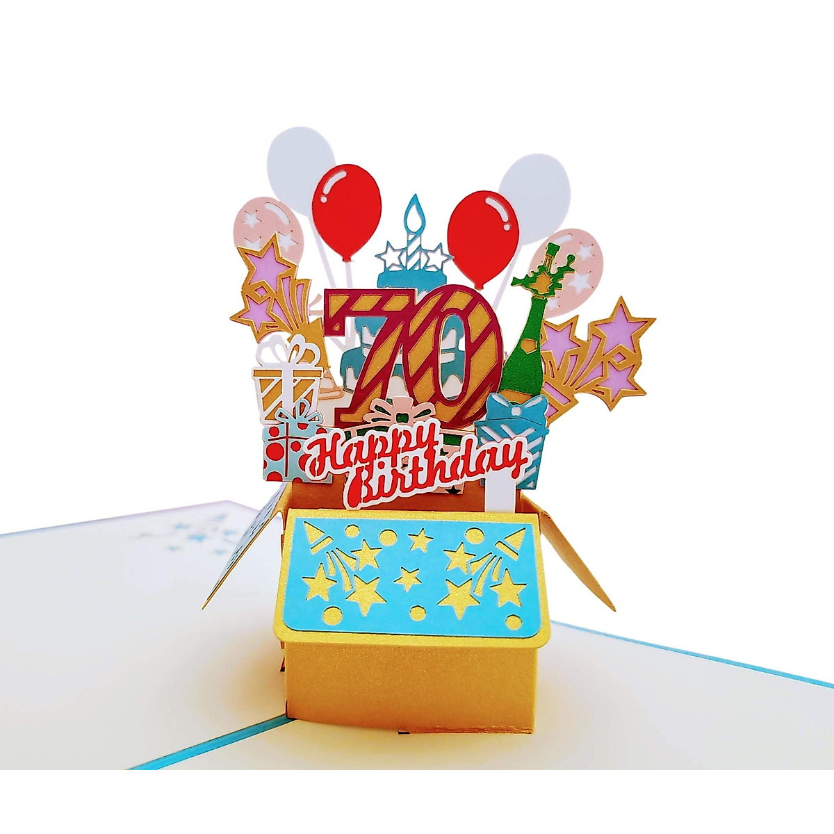 iGifts And Cards Happy 70th Blue Birthday Party Box 3D Pop Up Greeting Card – Seventy, Awesome, Balloons, Unique, Celebration, Feliz Cumpleaños, Fun, Festive