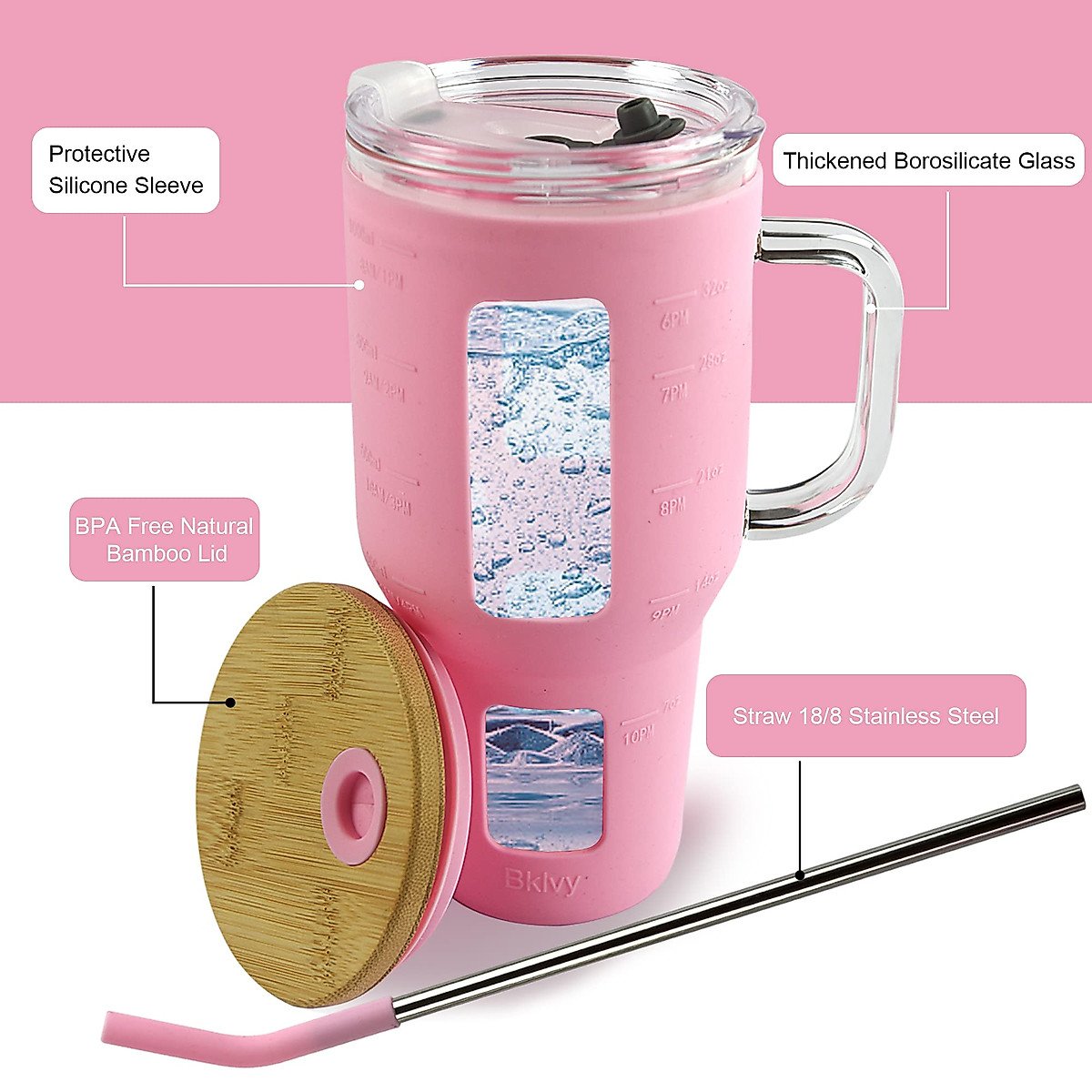 32 oz Glass Tumbler with Bamboo Mug 2 Straws & 2 Lids, Reusable Glass Water Bottles with Handle, Iced Coffee Cup with Silicone Sleeve, Boba and Drinking Straw Fits in Car Cup Holder BPA Free,Pink