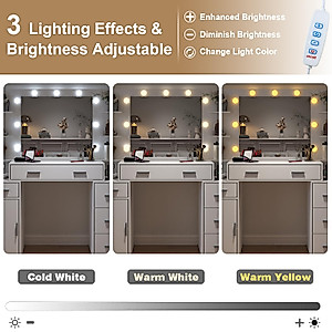 Vanity Desk with Lights and Power Strip, Makeup Vanity Table Lots Storage with 5 Drawers & 1 Cabinet, 3 Light Colors with Adjustable Brightness, Large Vanity 47.3'' (W)