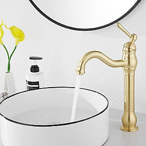 Bathroom Faucet GGStudy 360° Swivel Single-Handle One Hole Bathroom Vessel Sink Faucet Matching Pop Up Drain Brushed Gold Farmhouse Bathroom Vanity Faucet