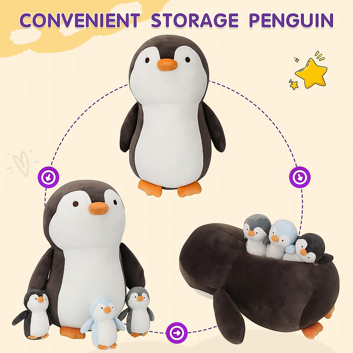 MMguai 4Pcs Penguin Plush Pillow, Giant Penguins Stuffed Animal Mommy 16 Inch with 3 Baby Penguin Plushies in Tummy, Gifts for Kids Girls Boys, Halloween, Christmas, Birthdays