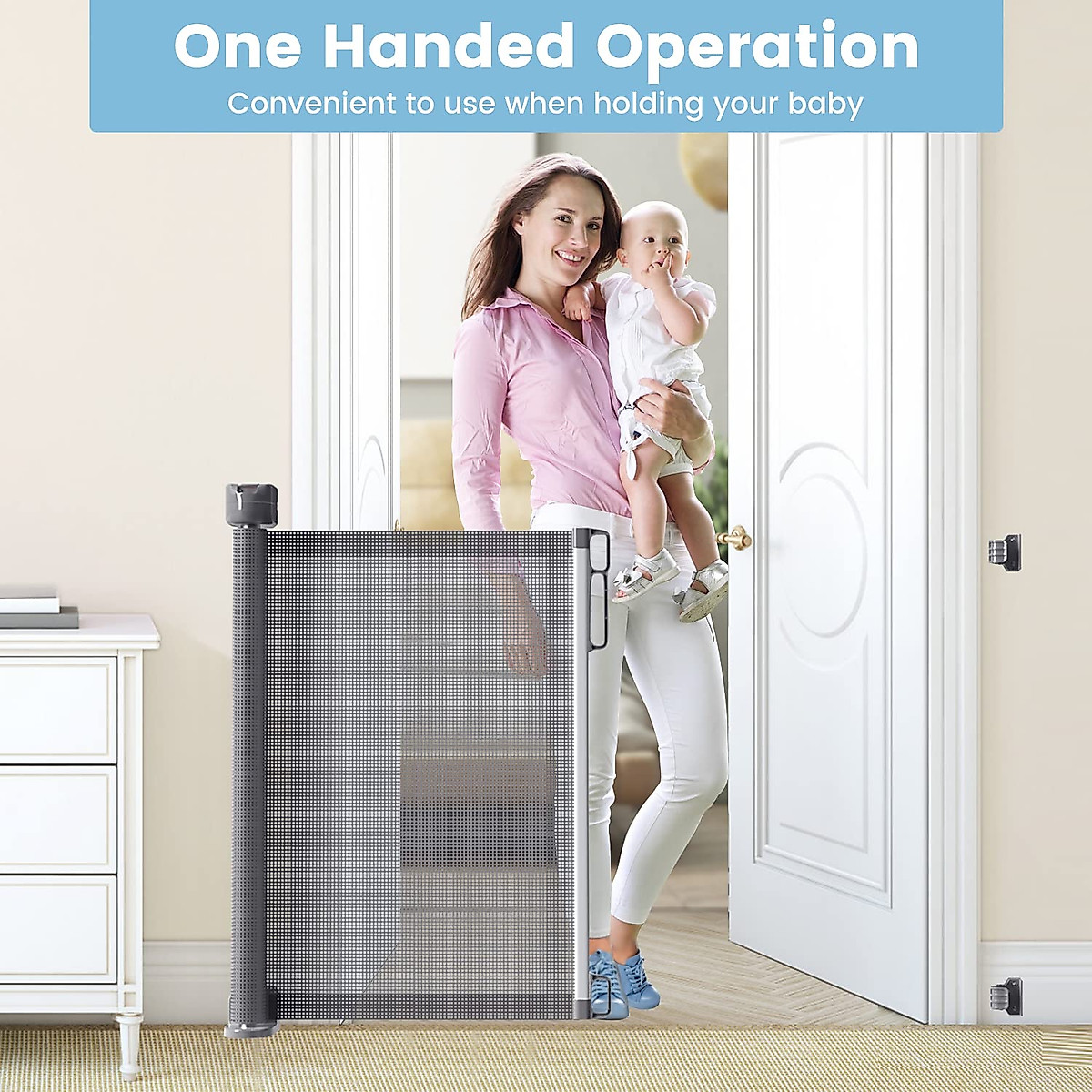 Retractable Baby Gates for Stairs Doorways, [Upgraded Double Lock] 34" Tall, Extra Wide up to 72", Mesh Pet Puppuy Dog Gate for House, Hallways, Indoor/Outdoor (72 inch, Grey)