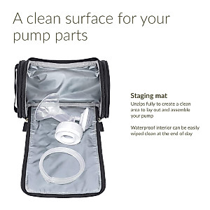 Kiinde Ariya Wet/Dry Bag for Storing Breast Pump Parts with Fold-out Mat, Keeps Pump Parts Clean, Black with Grey Waterproof Interior, Collapses Flat When Empty, Machine Washable