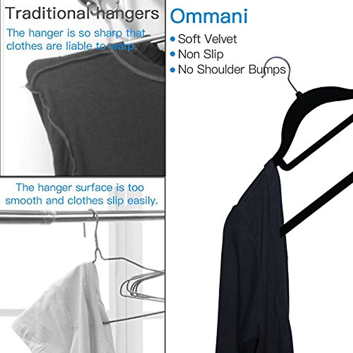 Ommani Velvet Hangers, Non Slip Clothes Hangers Heavy Duty Durable Space Saving with 360 Degree Swivel Chrome Hook Accessory Bar, Velvet Suit Hangers for Coat Skirt Shirt Pants Dress - 20 Pack Black
