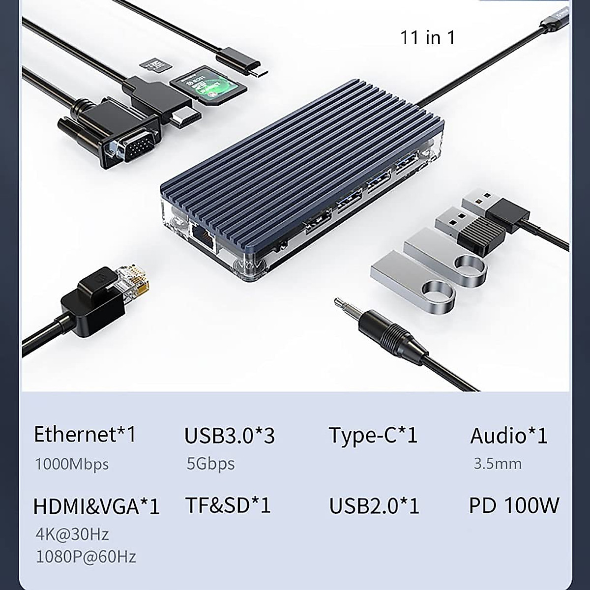 Port Expander USB C Hub 11 in 1 Type C Adapter with HDMI, VGA, 100W PD, 3 USB 3.0, USB 2.0, Ethernet, SD/TF Card Reader, 3.5mm Audio USB Splitter