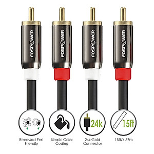 FosPower 2 RCA M/M Stereo Audio Cable [24K Gold Plated | Copper Core] 2RCA Male to 2RCA Male [Left/Right] Premium Sound Quality Plug - 15ft