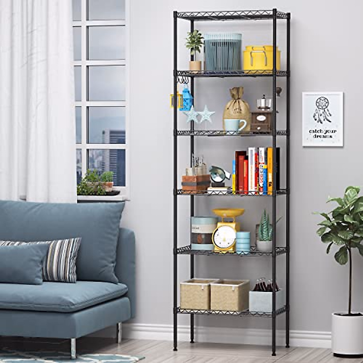 Himimi 6-Tier Wire Shelving Unit, Free Standing Shelf, Metal Storage Shelves, Heavy Duty Organizer Rack for Garage, Kitchen, Living Room, Bathroom, 21.26L x 11.42W x 62.99H, Black