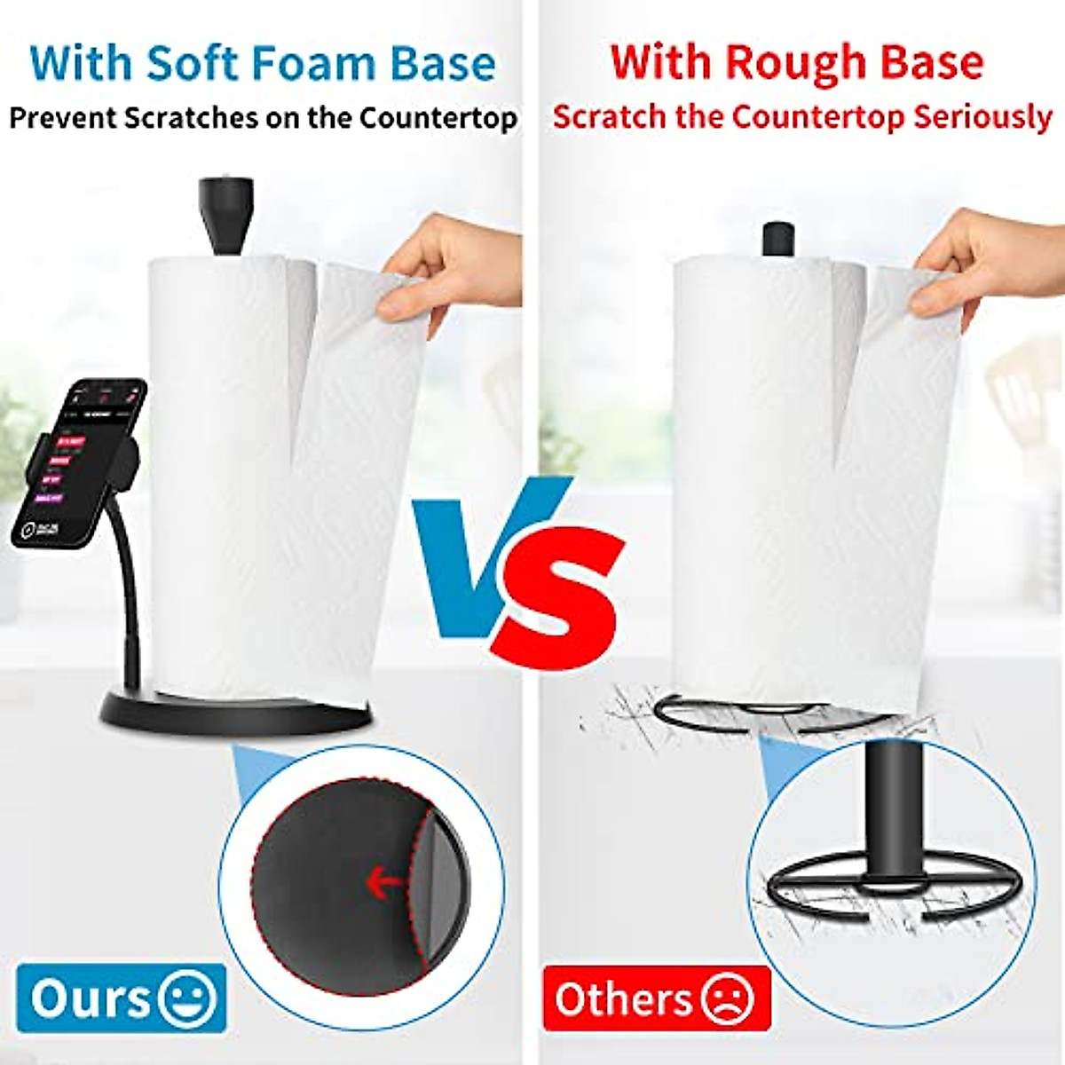 Multi-Function Black Paper Towel Holder Countertop with Phone Holder, Easy One Hand Tear Paper Towel Holder Stand with Weighted Base Spring Arm for Most Sizes Paper Roll for Kitchen Paper Towel Rack