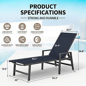 WOAJUQO Aluminum Chaise Lounge Chair Outdoor Set of 2-Patio Lounge Chair with Wheels and 5-Position Adjustable Backrest and Outdoor Recliner Full Flat Tanning Chair for Beach,Patio,Lawn,Pool,Navy Blue