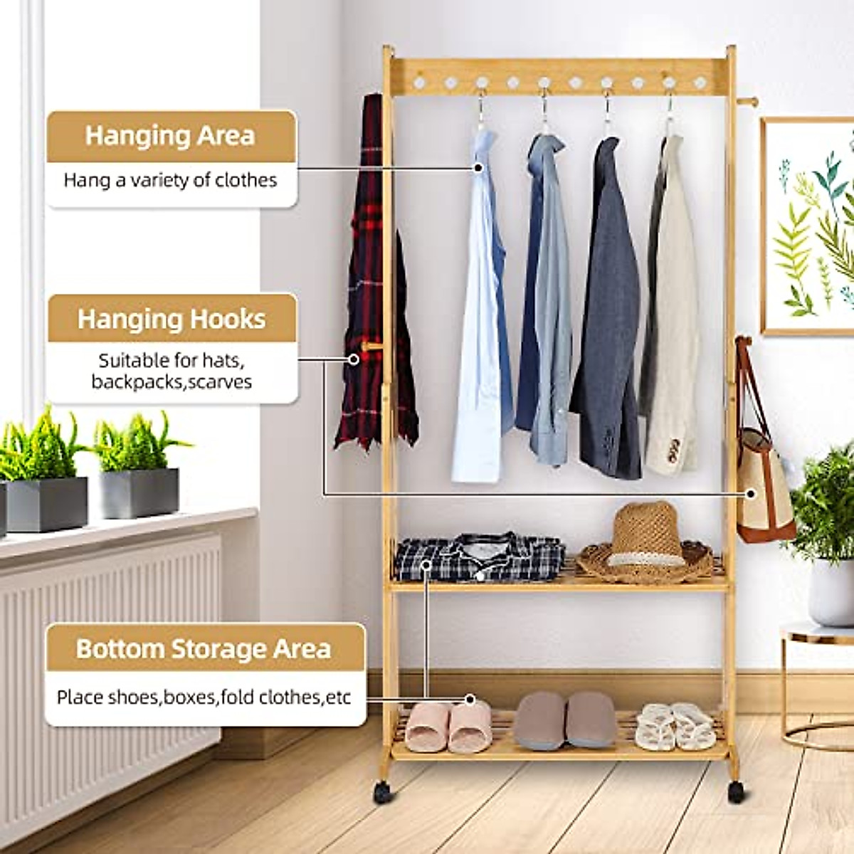 INTOBOO Bamboo Garment Rack, Clothes Hanging Rack with 2 Tier Storage Shelves, Heavy Duty Clothing Rack & Storage Organizer, Movable & Easy to Assemble