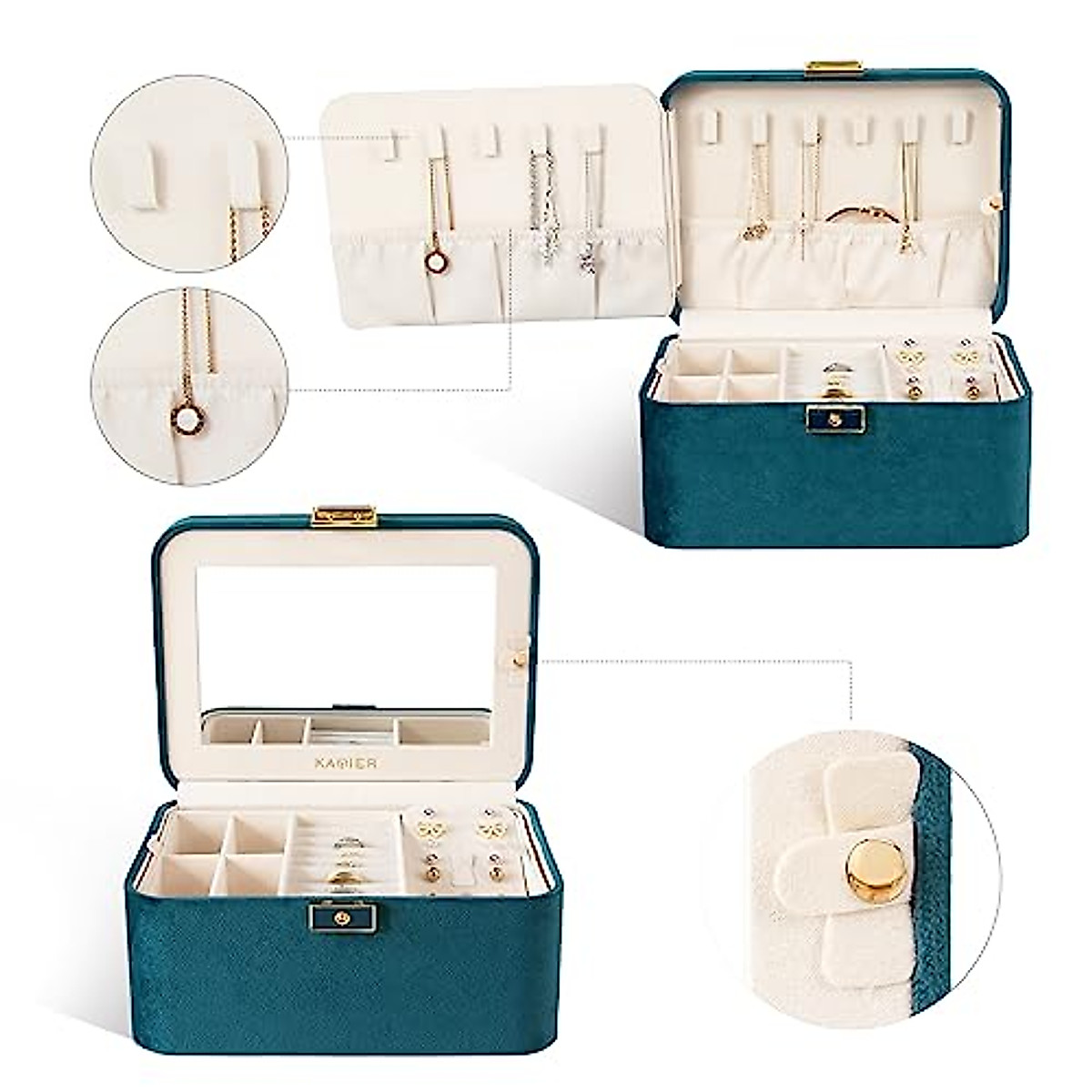 KAMIER Jewelry Box, 2 Layers PU Leather Jewelry Organizer Box, Large Capacity, Double Lock and Large Mirror, Hidden Necklace Hooks, Removable Dividers, Gift Box Packaging,Velvet Peacock Blue