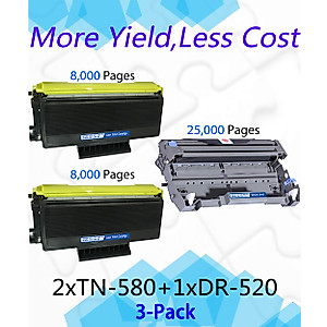 (2 Black Toner Cartridges, 1 Drum Unit) Compatible High Yield TN-580 TN580 Toner Cartridge and DR-520 Drum Unit Used for Brother DCP-8065DN HL-5240 5250DN 5340D MFC-8890DW 8460N Printer, by EasyPrint