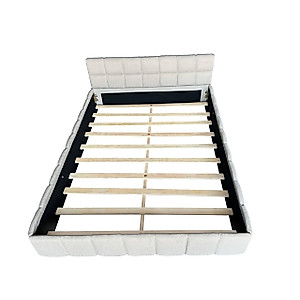 DNYN Full Size Upholstered Platform Bed with Thick Fabric for Kids/Adults,Solid Wood Bedframe w/Wood Slat Support for Small Space,Bedroom,Apartment,Easy Assembly & No Box Spring Needed, Beige