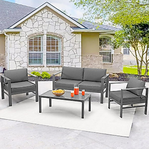 FYRICKYLINOO 4 Piece Cast Aluminum Outdoor Patio Furniture Set, All-Weather 4 PCS Modern Aluminum Outdoor Conversation Sets Metal Patio Sectional Chat Sofa with Coffee Table, Dark Gray