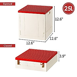 SHIMOYAMA Collapsible Duplo Storage Box, 2 Pack, 25L Storage Bins with Building Play Lid, 26 Qt. Foldable Organizer for Duplo Bricks, Yellow and Red