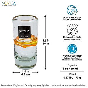 NOVICA Artisan Crafted Yellow Spiral Clear Recycled Tequila Shot Glasses, 2 Oz. 'Ribbon Of Sunshine' (Set Of 6)