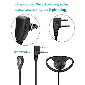 XFOX® 2Pin Advanced D Shape Clip-Ear PTT Headset Earpiece Mic for Motorola 2 Way Radios GP88S GP300 GP68 GP2000 GP88 GP3188 CP040 CP1200 A8 A6 A10 A12 Walkie Talkies(2Pack)