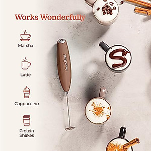Powerful Handheld Milk Frother, Mini Milk Foamer, Battery Operated (Not included) Stainless Steel Drink Mixer with Frother Stand for Coffee, Lattes, Cappuccino, Frappe, Matcha, Hot Chocolate. (Wood)