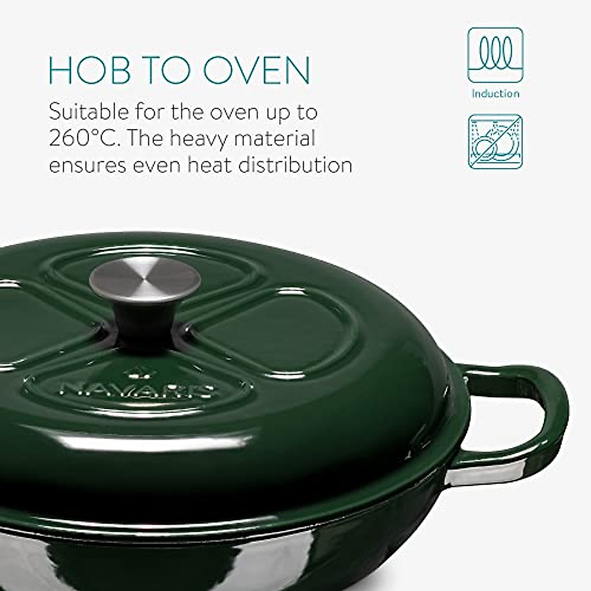Navaris Dutch Oven Pan with Lid - 3.7 QT Enameled Cast Iron Skillet - 15 3/4" Wide Covered Round Enamel Pot - Induction Cooktop Safe - Dark Green