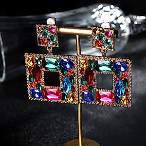 FASACCO Clip on Statement Earrings for Women Rhinestone Teardrop Rectangle Dangle Statement Earrings Crystal Geometric Non-Pierced Drop Earrings, Rectangle