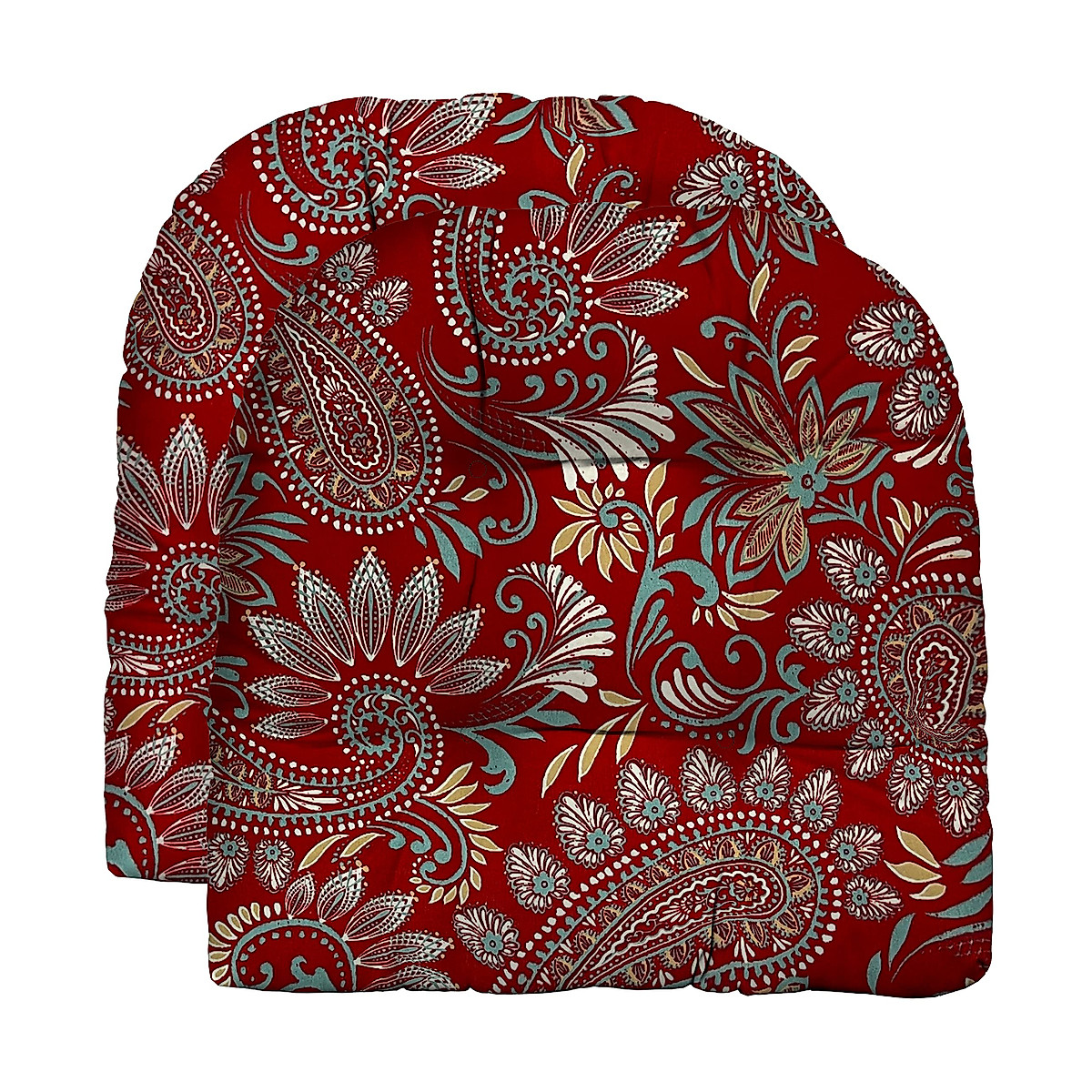 RSH Decor: Tufted U-Shape Wicker Seat Cushions Set of 2 | 19” x 19” | All-Weather Spun Fabric | Water-Resistant | Outdoor Chair Cushions for Patio Furniture | Eastman Berry Red Paisley