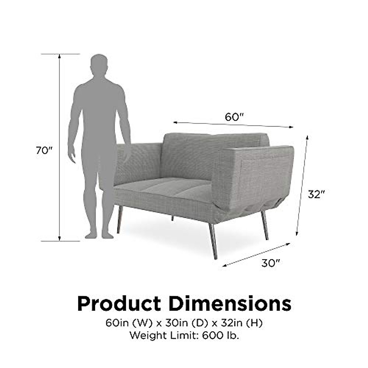 Novogratz Leyla Loveseat with Magazine Storage, Adjustable Sofa Bed Armrests to Convert into a Couch Sleeper, Light Gray Futon