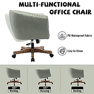 QUINJAY Green Faux Leather Home Office Desk Chair, Upholstered Barrel Swivel Adjustable Arm Desk Chair with Nailheads, Comfy Mid-Back Study Chair with Silent Wheel for Study Office Computer