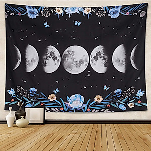 Pocass Moon Phase Tapestry with Floral Vine Butterfly Moonlit Garden Tapestry Black Background Flower Wall Hanging Tapestry for Home 59.1ʺ × 78.7ʺ