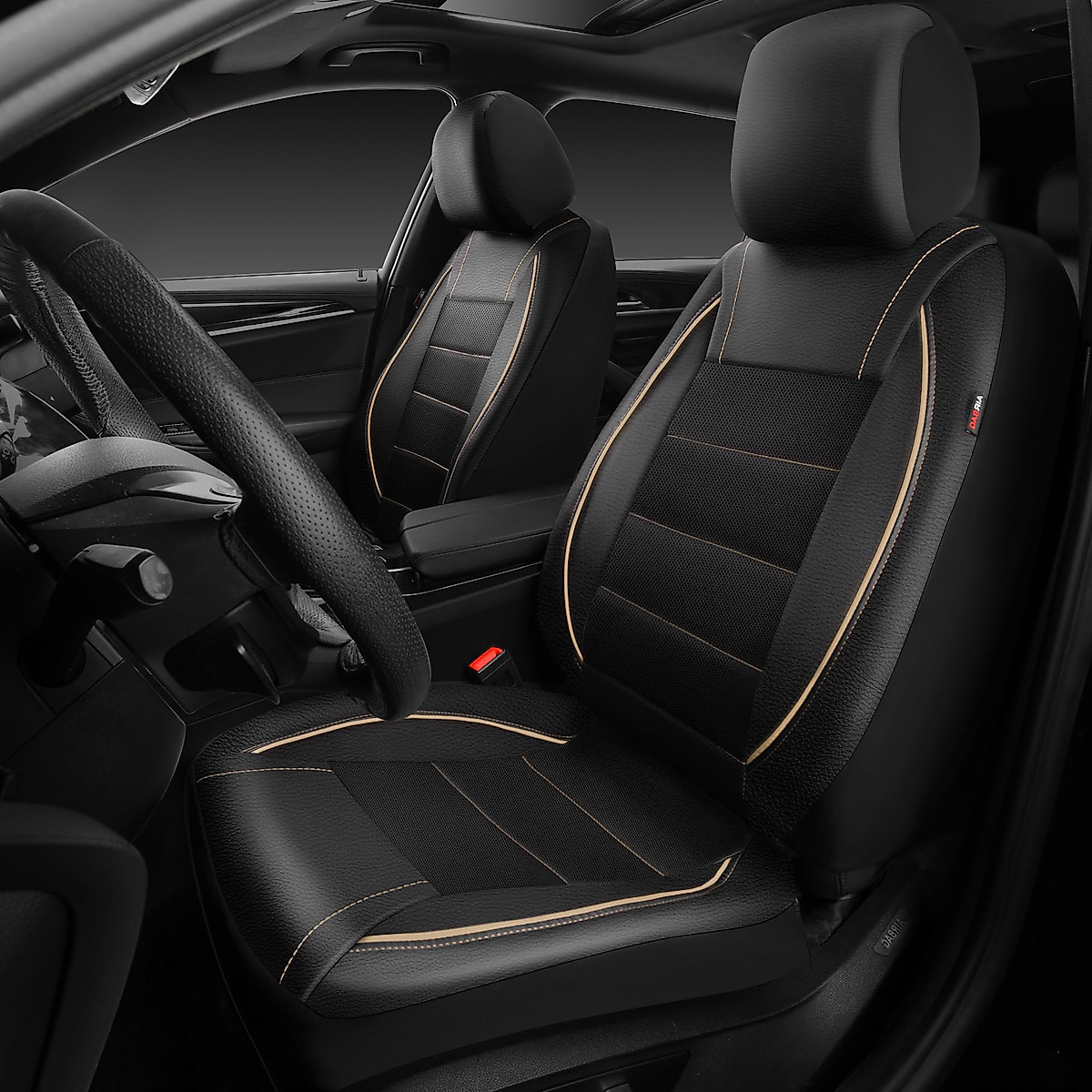 CAR PASS Universal FIT Piping Leather Two Front Seat Covers, Waterproof Faux Leather for SUV Sedan Van Truck, Airbag Compatible,Reserved Opening Holes for Headrest Covers. (Black and Beige)