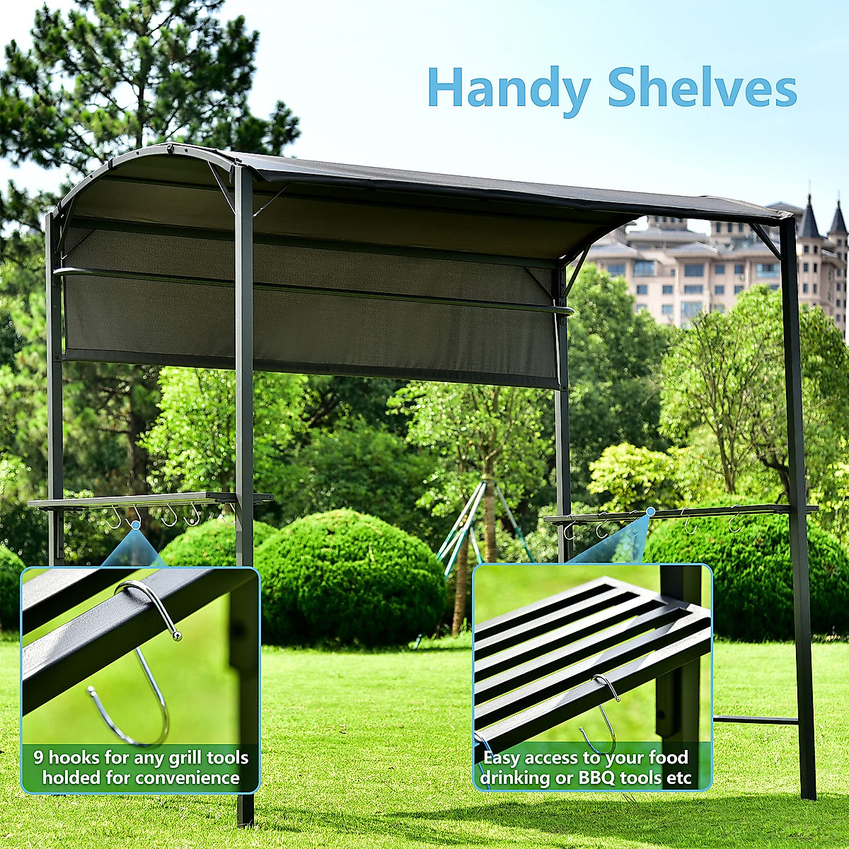 7'x4.5'Grill Gazebo,Iron Double Tiered Backyard Patio BBQ Gazebo with Side Awning, Bar Counters and Hooks, Barbecue Grill Gazebo Shelter for Patio, Garden, Beach, Backyard(Gray)