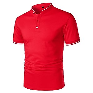 HOOD CREW Mans Fashion Short Sleeve Polo Shirts Summer Casual Band Collar Tops Shirt Red XL