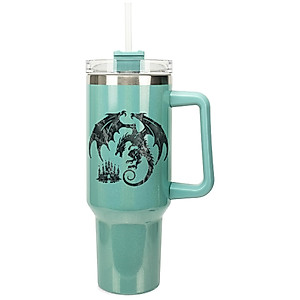 Elanze Designs Majestic Flying Dragon 40 oz. Stainless Steel, Large Water Bottle Coffee Mug, Spill & Leak Resistant, Thermal Travel Tumbler with Handle, Lid & Straw, Teal