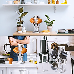 LIERONE 8 Hooks Coffee Mug Holder for Counter Rustic Solid Wood Mug Tree Farmhouse Wooden Coffee Cup Rack Distressed Mug Stand (White)