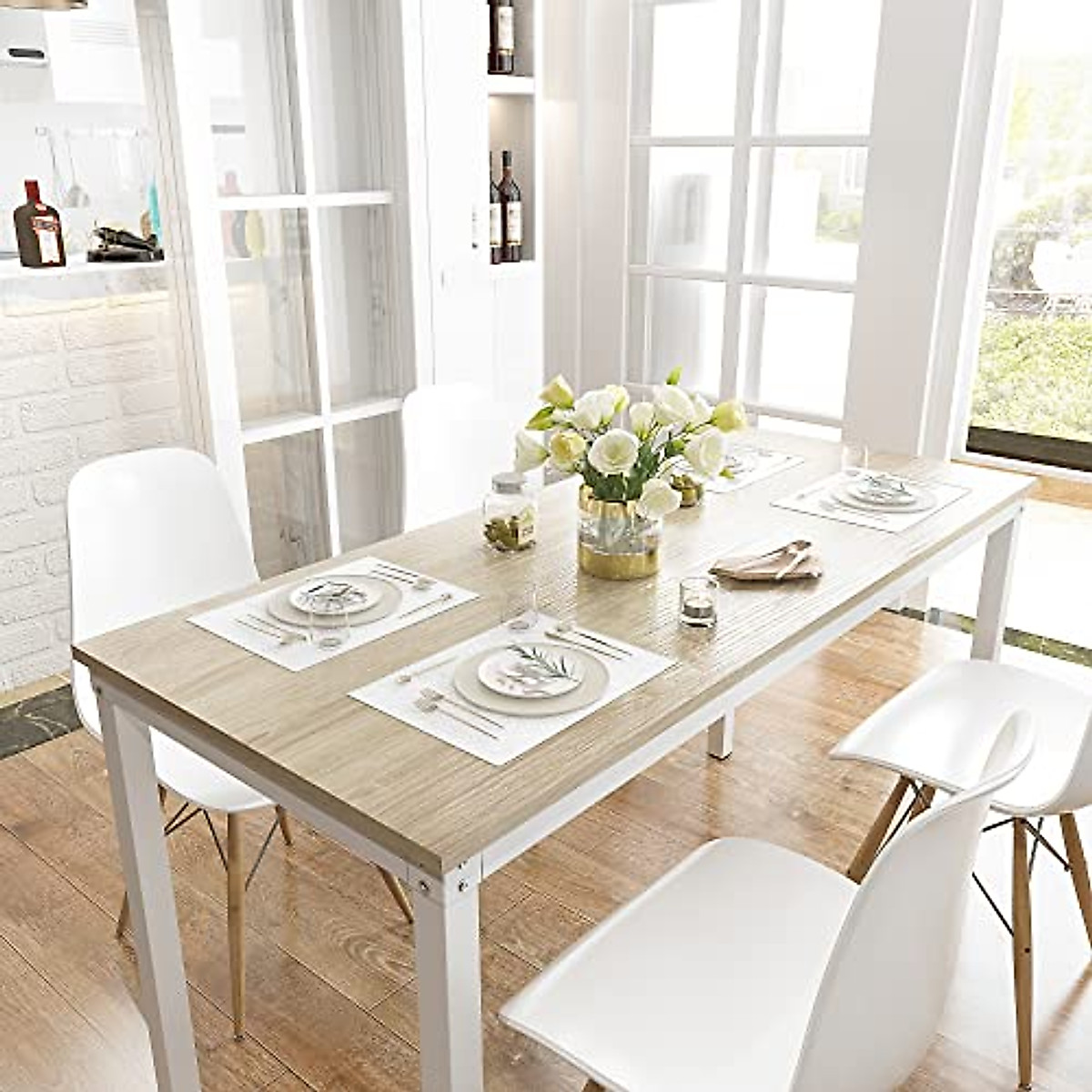 Teraves Computer Desk/Dining Table Office Desk Sturdy Writing Workstation for Home Office (47.24”, Beige + White Frame)