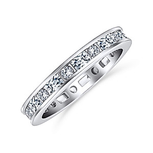 Bling Jewelry Minimalist Thin Pave Round Baguette Stackable Eternity Anniversary Wedding Band Ring For Women .925 Sterling Silver 2MM