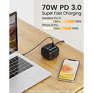 USB C Charger Station, SUPERDANNY GaN 70W USB C Charger, 4-Port USB Charging Hub with 4ft Cord, USB-C PD/USB-A QC Fast Charge Hub Compatible for MacBook, Laptops, iPad, iPhone, Samsung Galaxy, Black