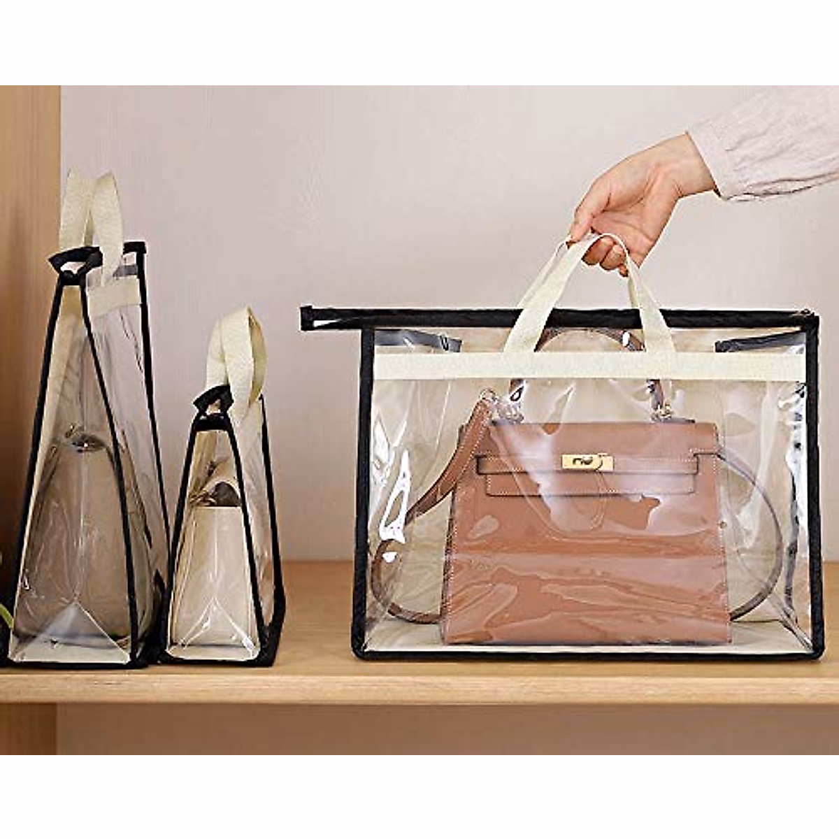Chris.W Set of 3 Dustproof Handbags Storage Bag Closet Space Saving Organizer PVC Transparent Purse Cover Holder with Zipper and Handle, Large/Medium/Small (Beige)