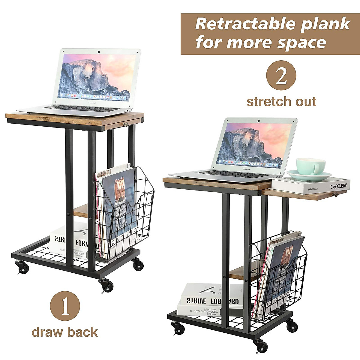 X-cosrack C End Table with Wheels C Shaped Side Table with Side Pocket Industrial Wood Sofa Side End Tables Rolling Casters for Coffee Laptop Sofa Couch Bed Living Room