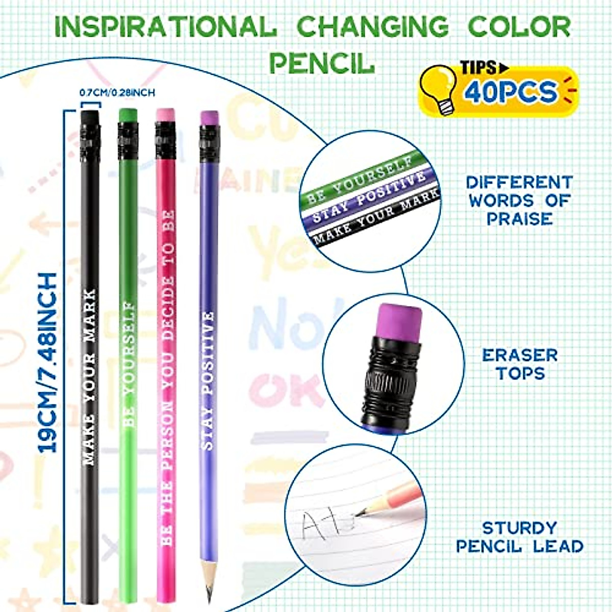 40 Pcs Motivational Pencils Color Changing Mood Pencil Inspirational Pencil Cute Pencil Personalized Pencil with Saying Heat Activated Pencil For Student(Simple Color,Classic Style)