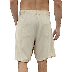 Men's Linen Casual Beach Shorts Cotton Classic Summer Shorts with Buttons Elastic Waist Khaki