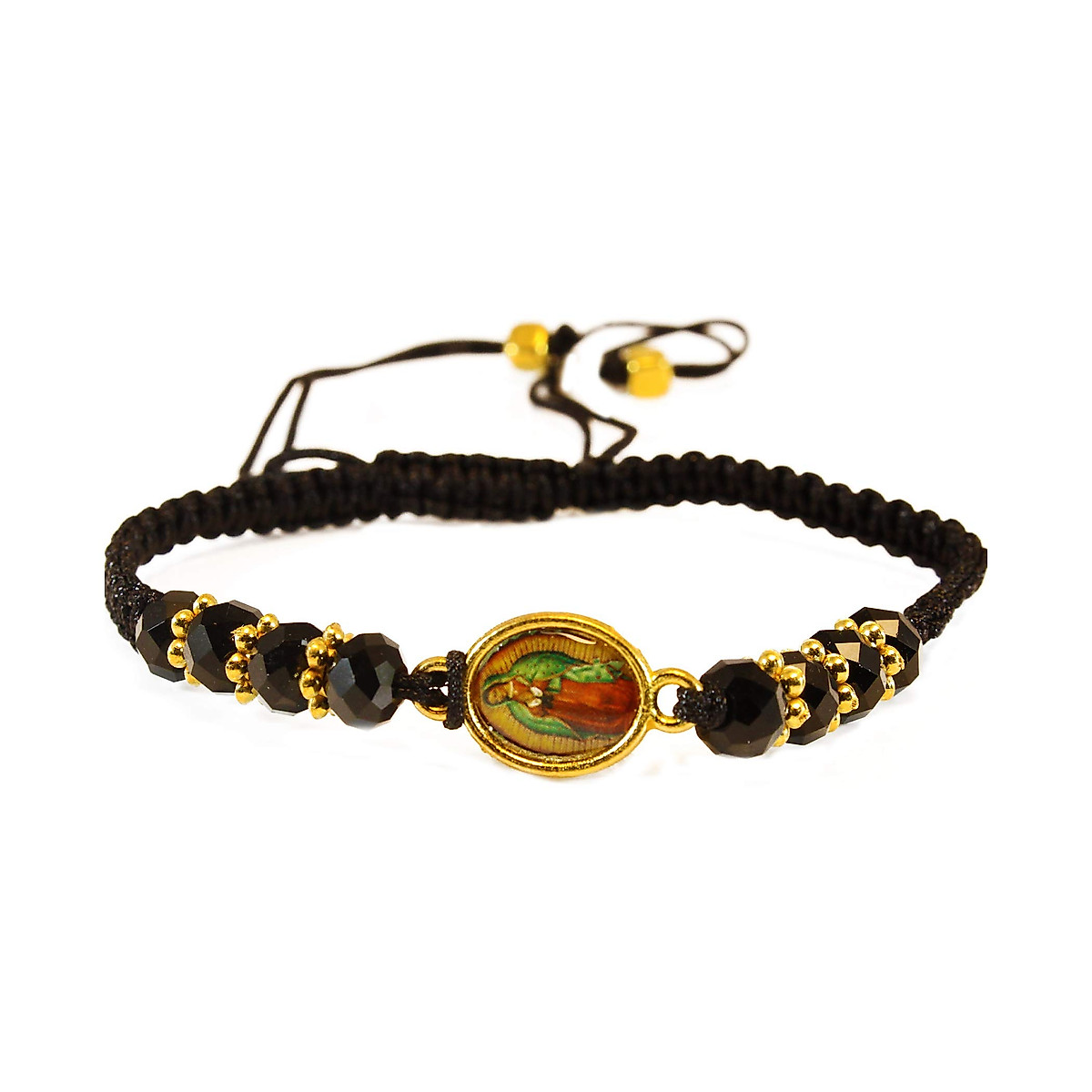 Black String Virgin Mary Black Bead with Golden-Inlay Adjustable Bracelet Protection Prosperity Good Luck Pulsera De La Virgen Maria Color Negro Proteccion Prosperidad Buena Suerte (Black Bead)