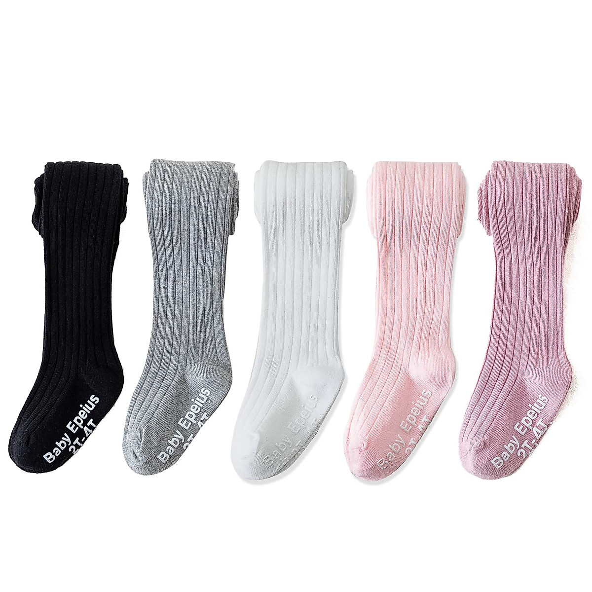 EPEIUS Baby Tights Baby Girls Non-Slip Ribbed Leggings Toddlers Girls Seamless Cotton Stockings Pantyhose Footed Tights 12-24 Months Black White Light Grey Pink 5 Pack M