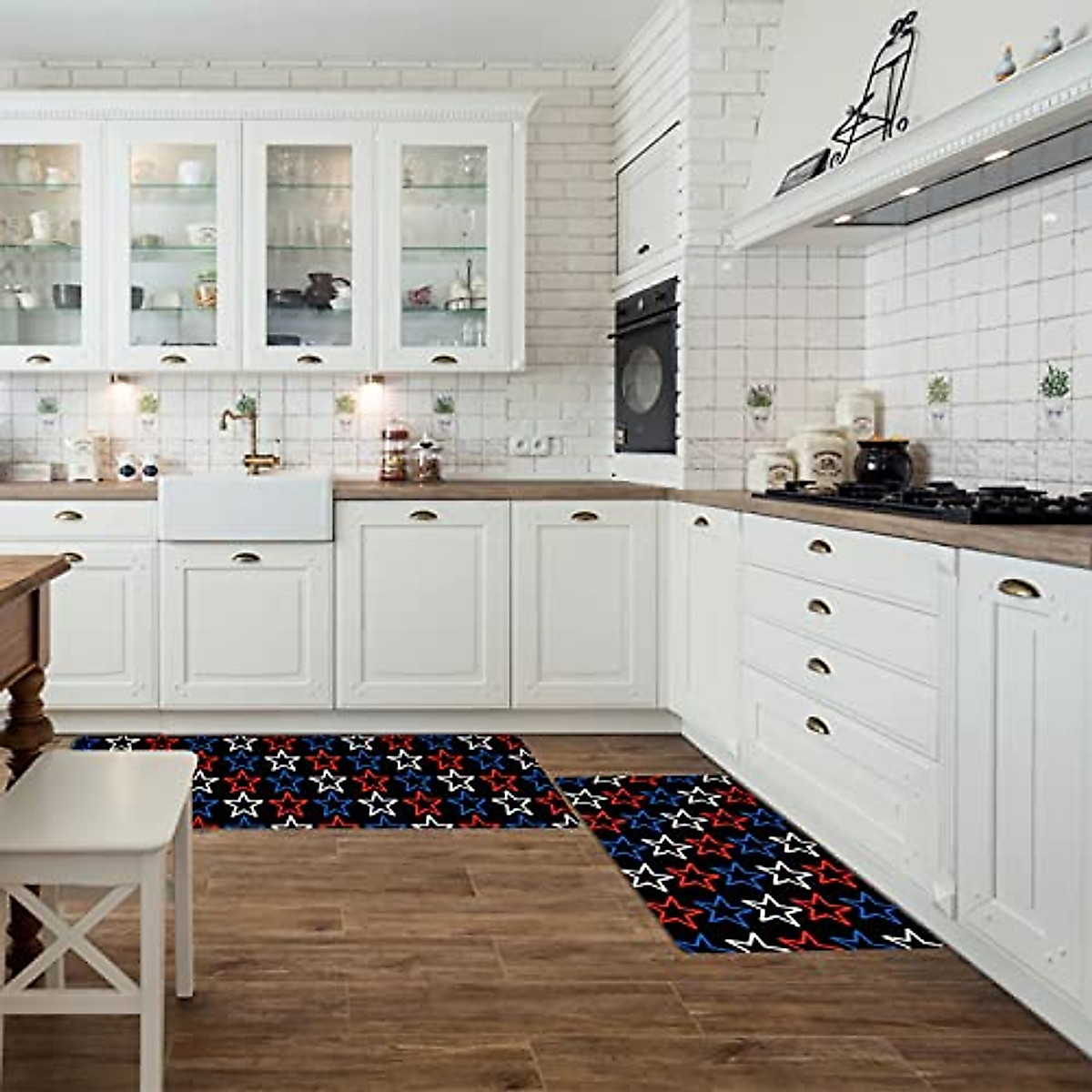 Libaoge Kitchen Mat Rug Set of 2 Independence Day White Red Blue Star Runner Rug Anti-Fatigue Comfort Memory Foam Standing Mat Non-Slip Floor Door Mat for Bathroom 18x30in+18x60in