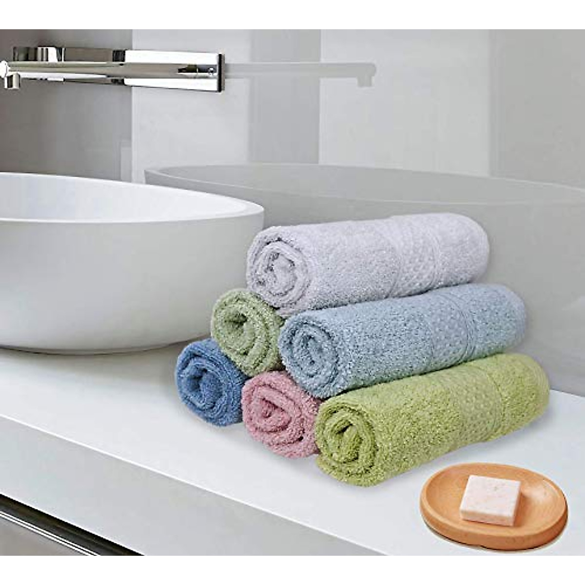 Cleanbear Cotton Hand Towels and Wash Cloths Set with Assorted Colors (6 Towels and 6 washcloths)