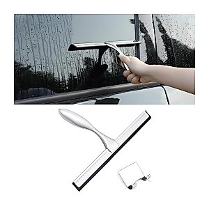 BESULEN Stainless Steel Shower Squeegee for Car Windows, Glass Water Wiper with Hook or Sucker, Glass Window Cleaner Tool, Bathroom Shower Door Household Mirror Blade for Home Cleaning (Wiper+Hook)