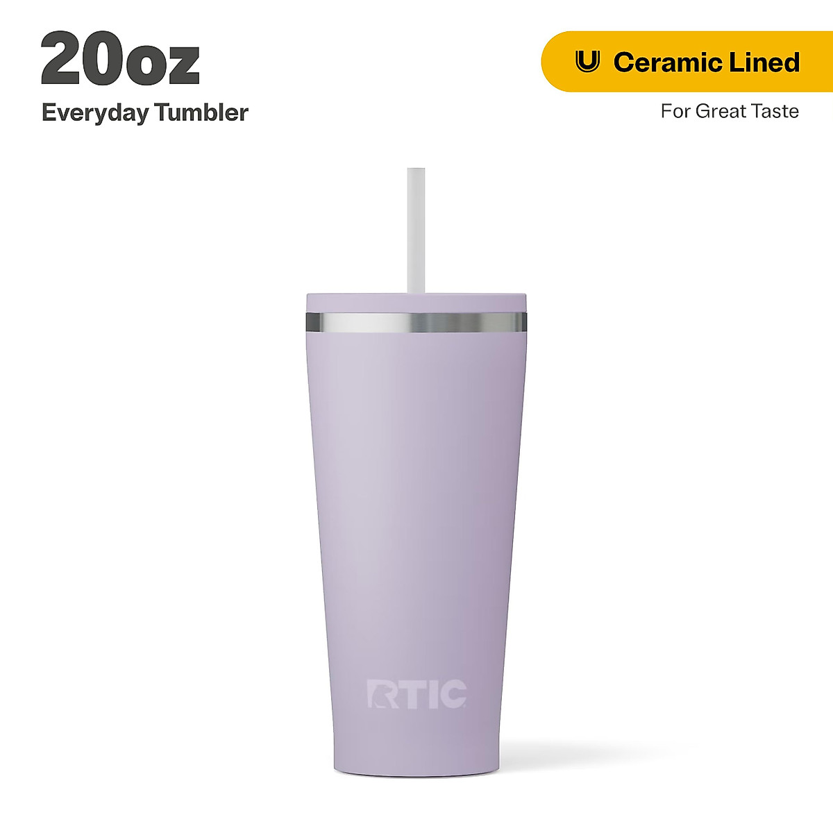RTIC 20oz Everyday Tumbler Insulated Stainless Steel Portable Travel Coffee Cup with Straw, Spill-Resistant Lid, BPA-Free, Hot and Cold Drink, Ceramic Lining, Dusty Lilac