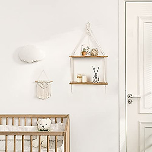 Mkono Macrame Hanging Shelf Boho Wall Decor 2 Tier Handmade Cotton Rope Rustic Wood Floating Shelves Display Photos Plants Hanging Storage Shelving for Living Room Nursery Bathroom Bedroom