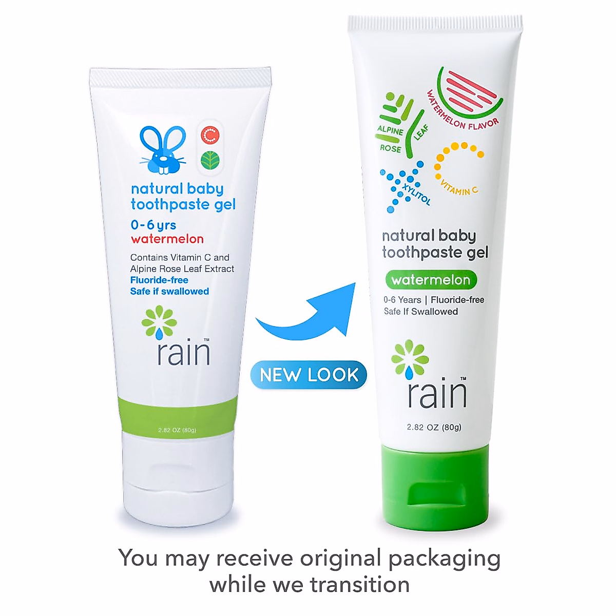 Rain Natural Bamboo Kids Toothbrush Set Fluoride-Free Baby Toothpaste Safe to Swallow with Vitamin C for 6 to 12 Months Up Infant Toddler Toothbrush BPA-Free Biodegradable (1 Toothbrush 1 Toothpaste)