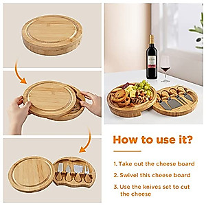 Bamboo Cheese Board and Knife Set,Round Charcuterie Board Set with 4 Knives,Cheese Board Set with Slide-Out Drawer,House Warming Gifts New Home